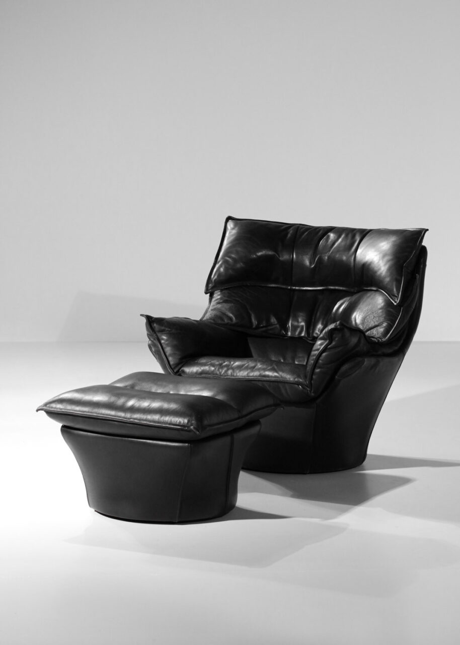 armchair and footrest in black leather Bernard Massot years 70/80 ...