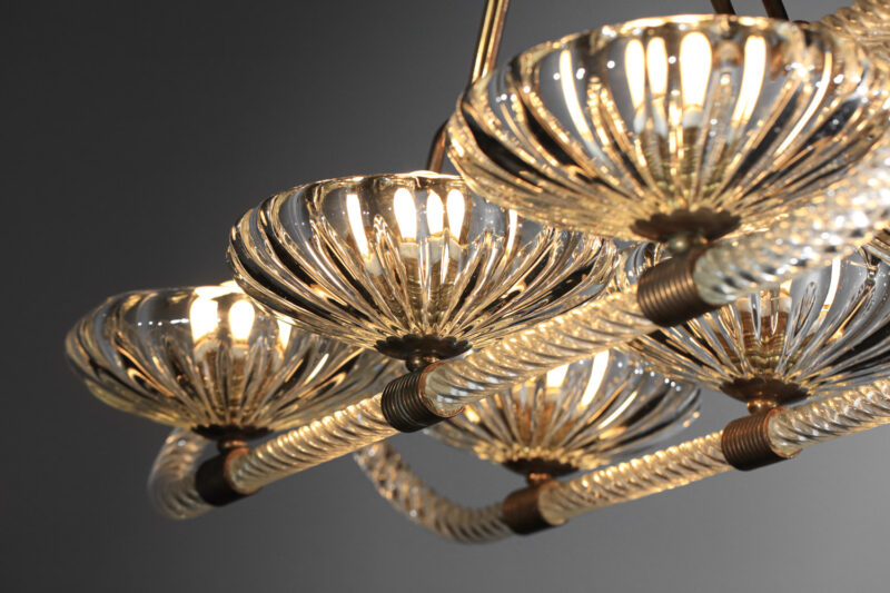 grand lustre italien 6 coupelles Barovier Toso verre Murano et laiton - H140 - Danke Galerie