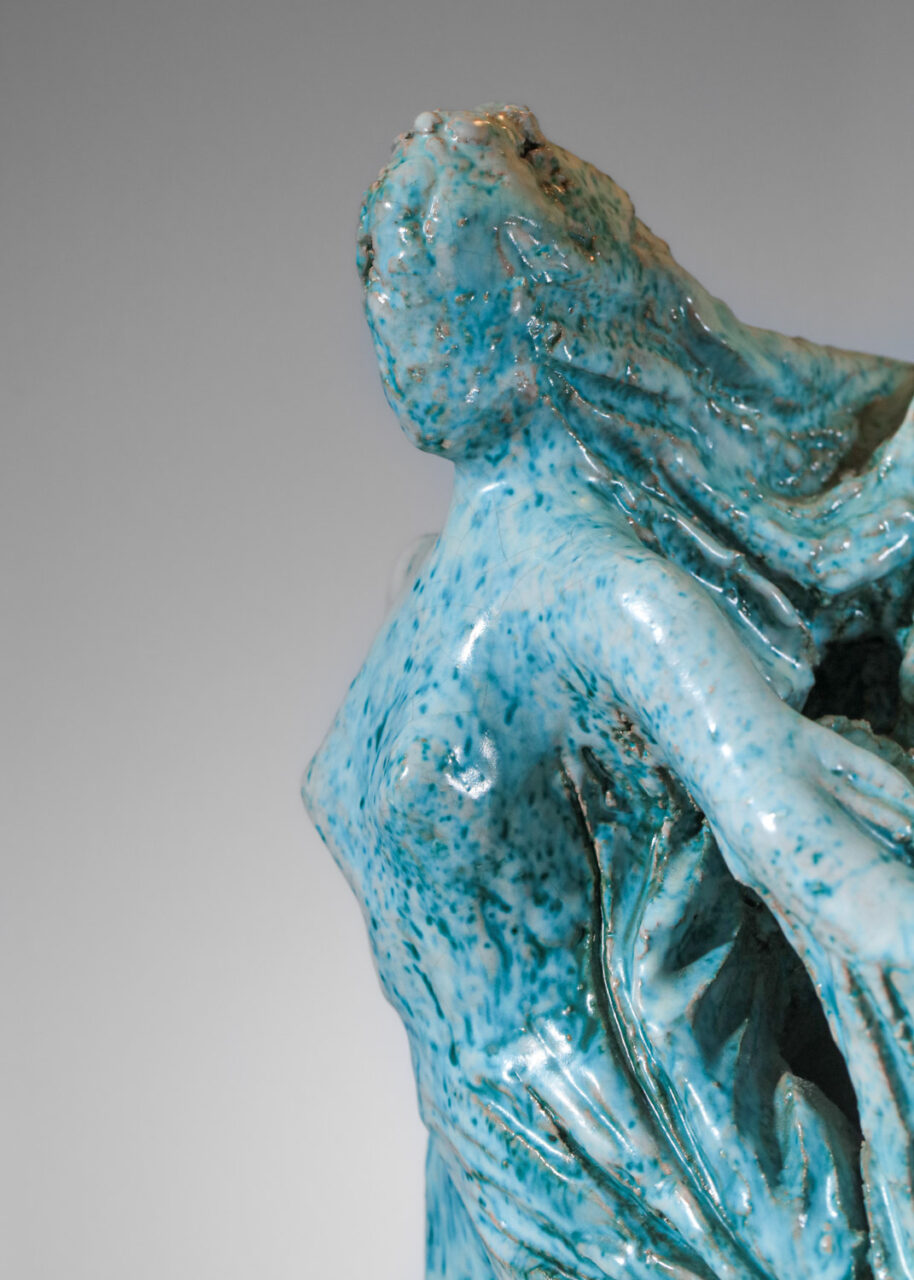 Large ceramic lamp base decorated with three unidentified blue dryads ...