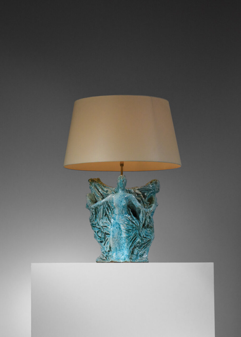 Large ceramic lamp base decorated with three unidentified blue dryads ...
