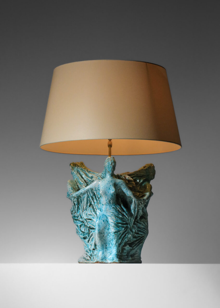 Large ceramic lamp base decorated with three unidentified blue dryads ...