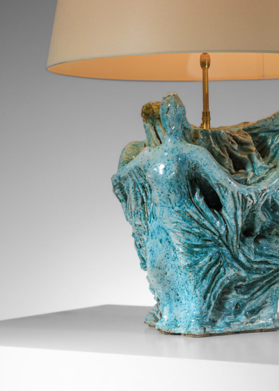 Large ceramic lamp base decorated with three unidentified blue dryads ...