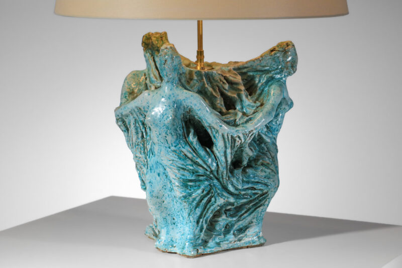Large ceramic lamp base decorated with three unidentified blue dryads ...