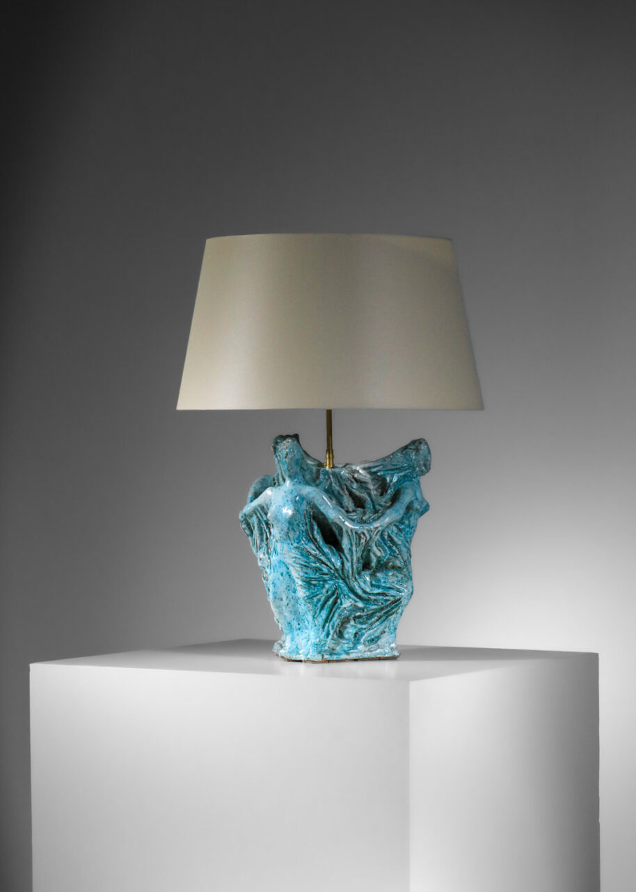 Large ceramic lamp base decorated with three unidentified blue dryads ...